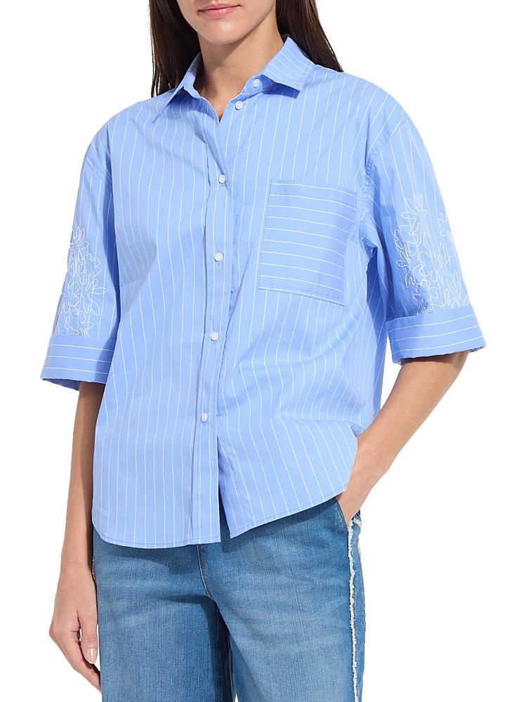 LYSSÉ Striped Embroidered Sleeves Shirt